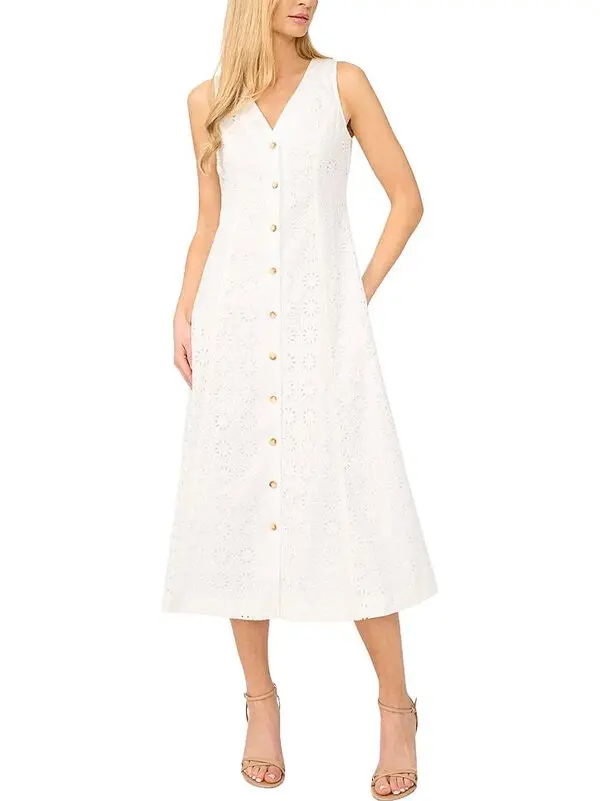 CECE DUPRAZ Eyelet Button Front Midi Dress - Ultra White