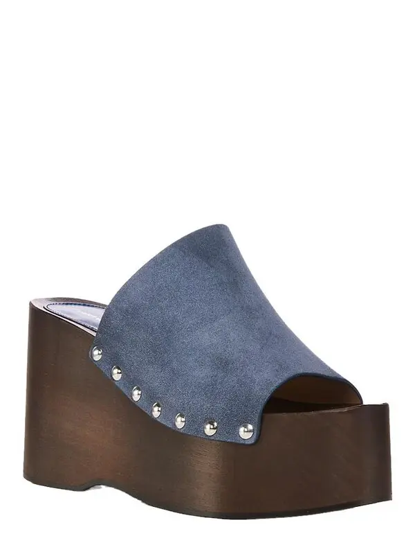 STUART WEITZMAN Leather Clog Wedge Slides - Stormy Blue