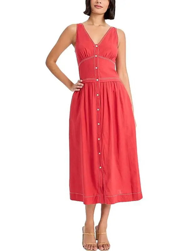 Maggy London Sleeveless V-neck Midi Dress With Button Detail - Cardinal Red