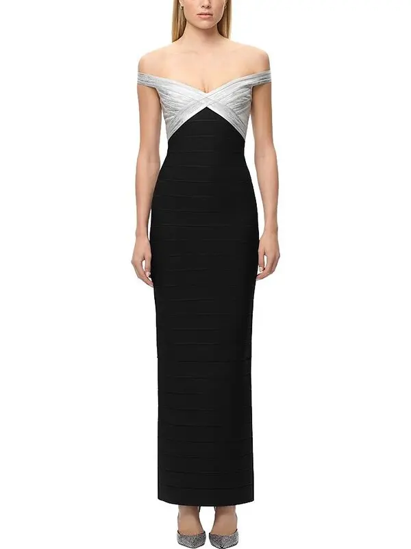 Herve Leger Metallic Bonnie Gown - Black/silver