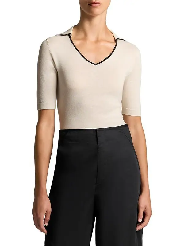 Vince Tipped Polo Elbow Sleeve Top - Off White/ink