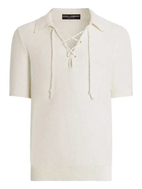 Dolce & Gabbana Short Sleeve Knit Sweater With Drawstring Collar - Multicolor