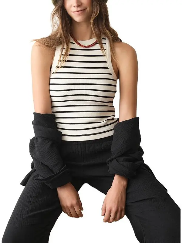 Marine Layer Lexi Rib High Neck Crop Tank - Cream Black Stripe