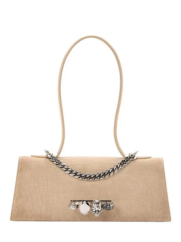 Alexander McQueen Knuckle Embossed Suede Shoulder Bag - Zinc/sky Blue