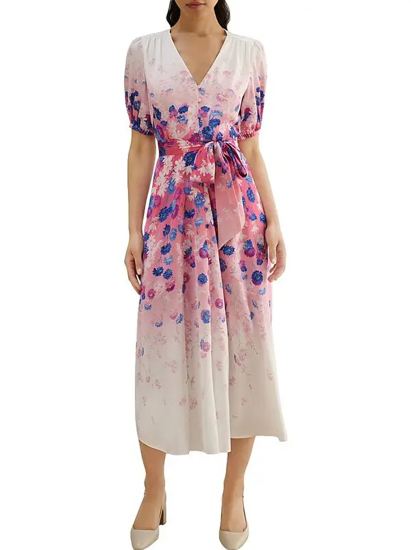 HOBBS LONDON Charlesworth Floral Tie Waist Midi Dress - Pink Multi