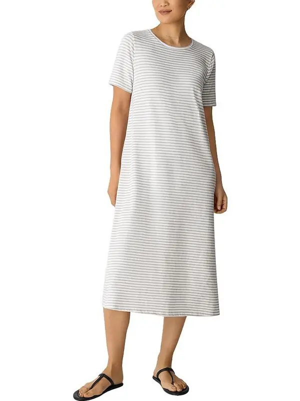 Eileen Fisher Striped Short Sleeve Midi Dress - Chalk