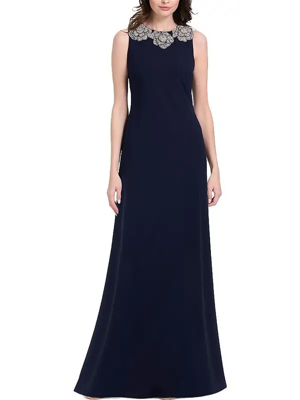 EMILY SHALANT Embellished Floral Neck Gown - Navy