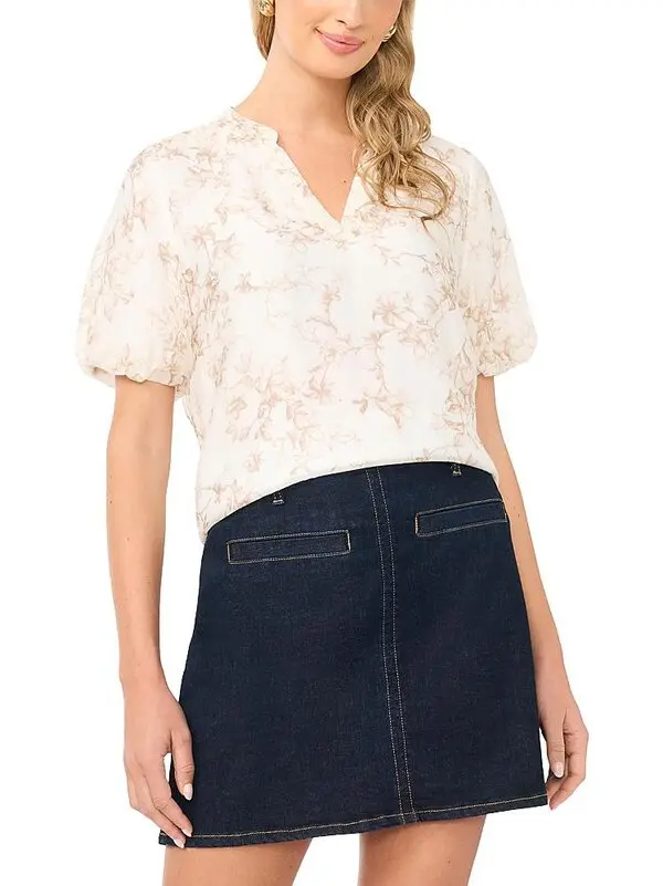 Vince Camuto Puff Sleeve Crewneck Top With Floral Print - Camel