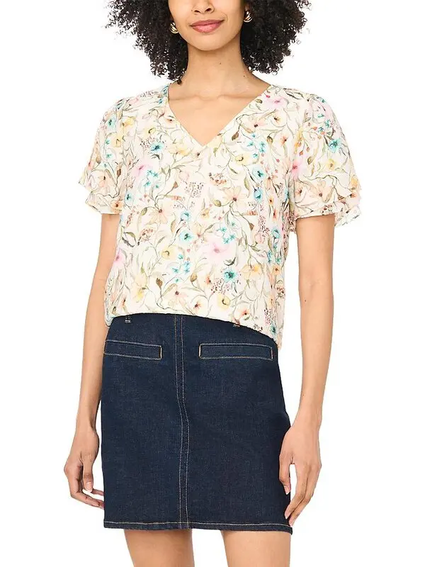 Vince Camuto V Neck Tulip Sleeve Blouse - Antique White