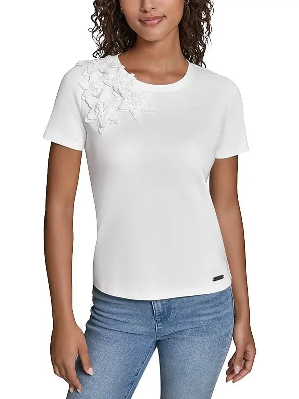 Karl Lagerfeld Short Sleeve Floral Applique Top - Soft White