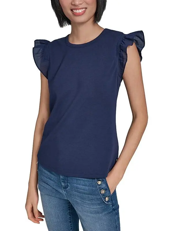 Karl Lagerfeld Paris Ruffled Sleeve Cotton Blend Top - Navel Academy
