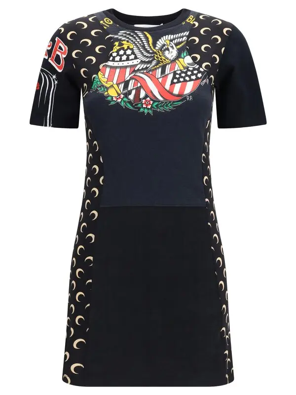 MARINE SERRE Fitted Recycled Jersey Dress With Moon Pattern Panels - Black