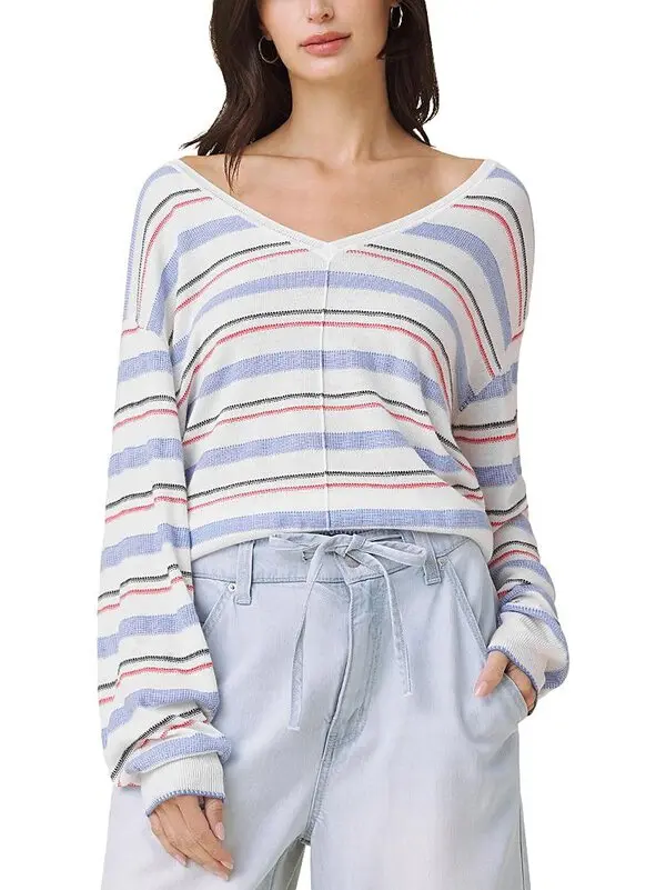 Splendid Erica Striped V-neck Sweater - White/azure/firework
