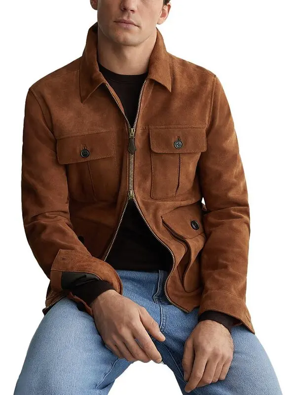 REISS Daventry Suede Four Pocket Jacket - Tobacco Brown