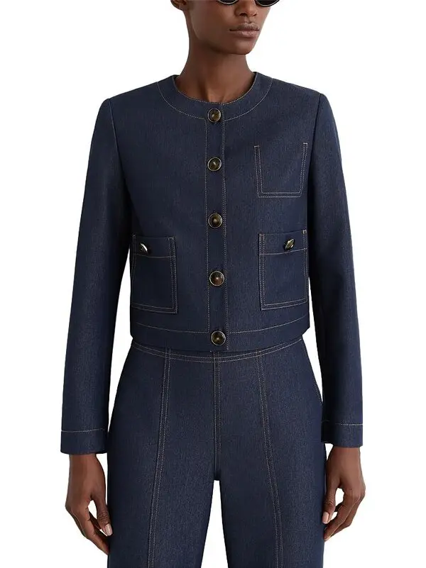 REISS Edie Cropped Denim Look Jacket - Dark Blue