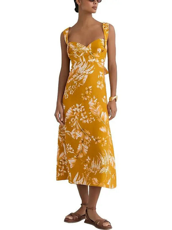 REISS Floral Linen Midi Dress - Yellow