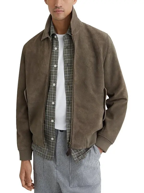 REISS Sainsie Suede Bomber Jacket - Olive Green