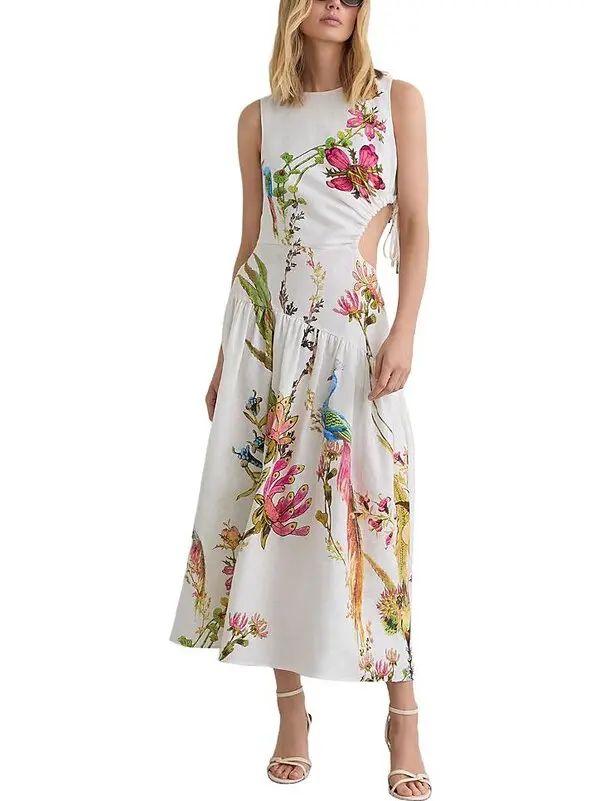 REISS Linen Cutout Floral Print Midi Dress - Ivory