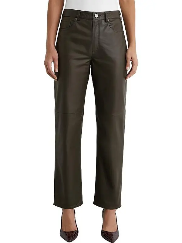 REISS Slim Leg Leather Trousers - Khaki Green