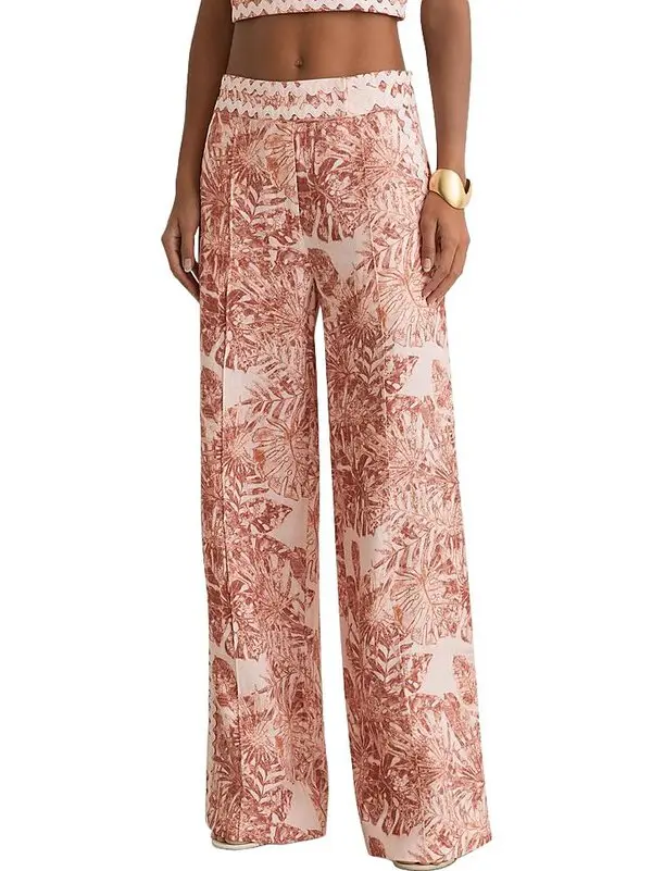 REISS Petite Printed Linen Wide Leg Pants - Pale Pink