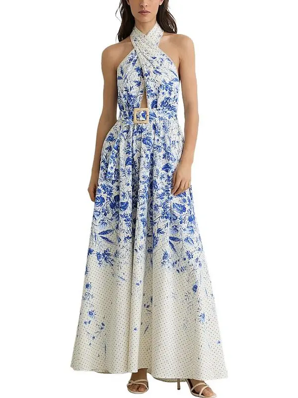 REISS Printed Cotton Maxi Dress - Ivory/blue