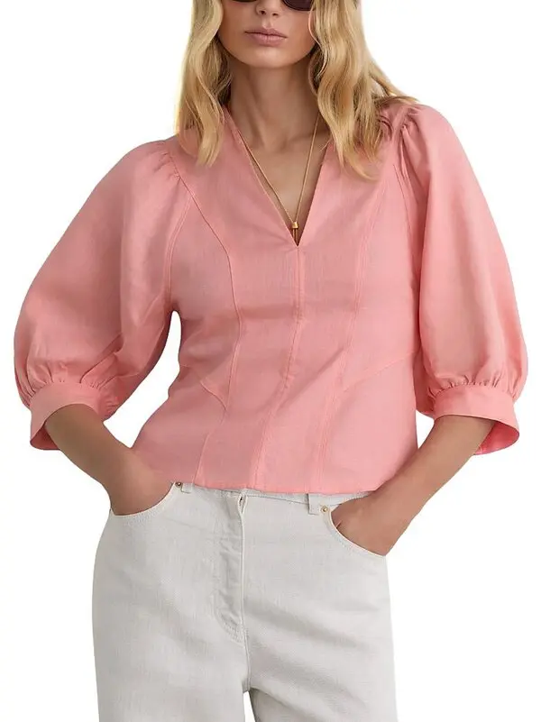 REISS Evie Balloon Sleeve Linen Top - Coral Pink