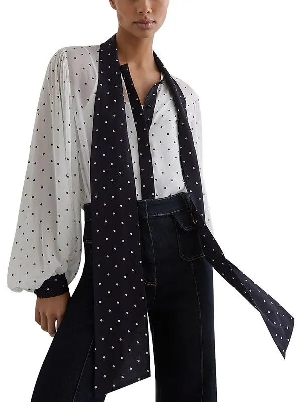 REISS Polka Dot Tie Neck Blouse - Ivory/navy