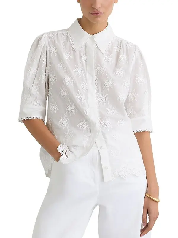 REISS Embroidered Cotton Shirt - Ivory