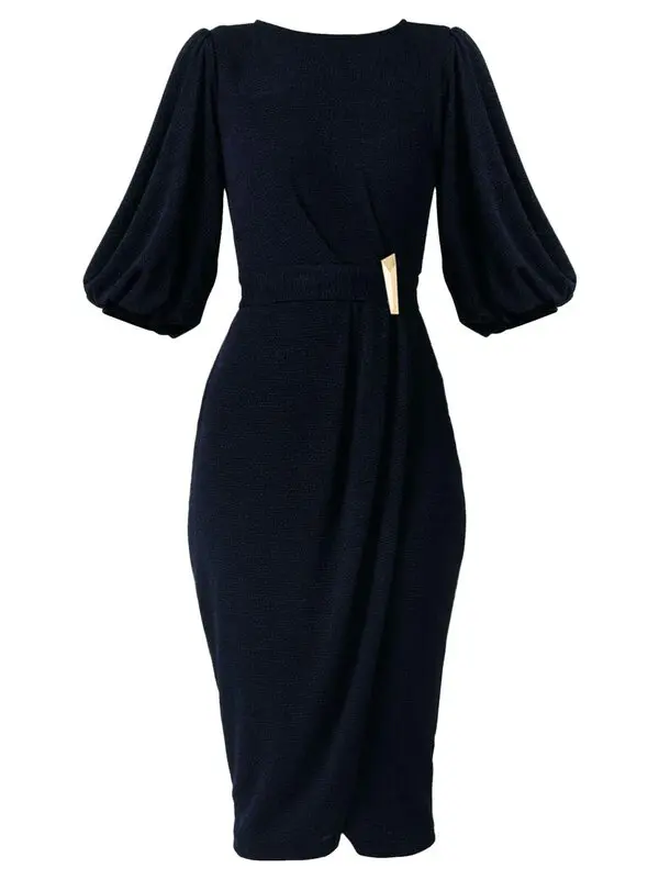 SACHA DRAKE Textured Jersey Crepe Midi Dress With Blouson Sleeves - Blue