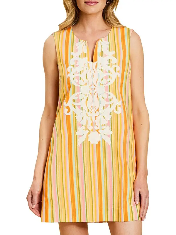 Mestiza New York Belize Embroidered Stripe Mini Shift Dress - Orange