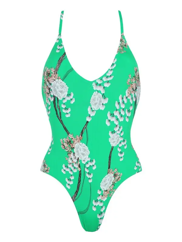 AGUACLARA Jade V-neck One-piece With Floral Print - Green
