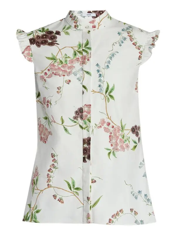 Erdem Floral Cotton Ruffle Mandarin Collar Shirt - White