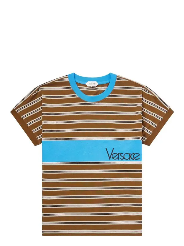 Versace Logo-embroidered Striped Cotton-jersey T-shirt - Brown