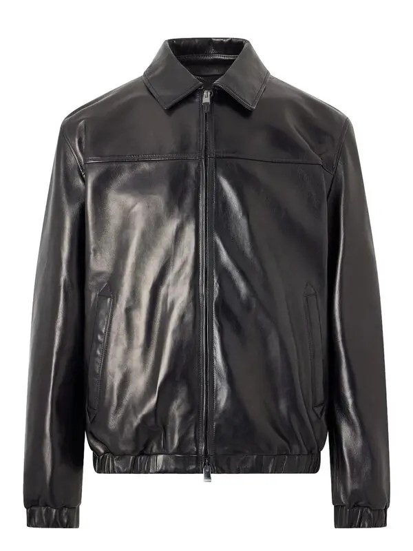 Canali Leather Stand Collar Jacket - Black