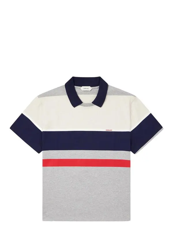 Versace Logo-embroidered Striped Cotton-jersey Polo Shirt - White