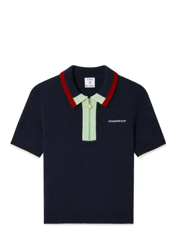 Casablanca Navy Merino Short Sleeve Polo Shirt - Multicolor