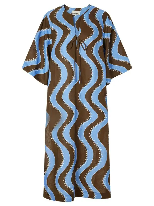 ALEMAIS Tie-detailed Embroidered Linen Midi Dress - Blue