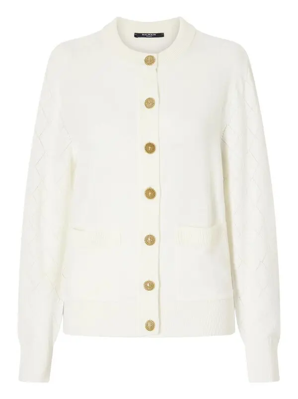 Balmain Cotton Pointelle-knit Cardigan With Gold-toned Buttons - White