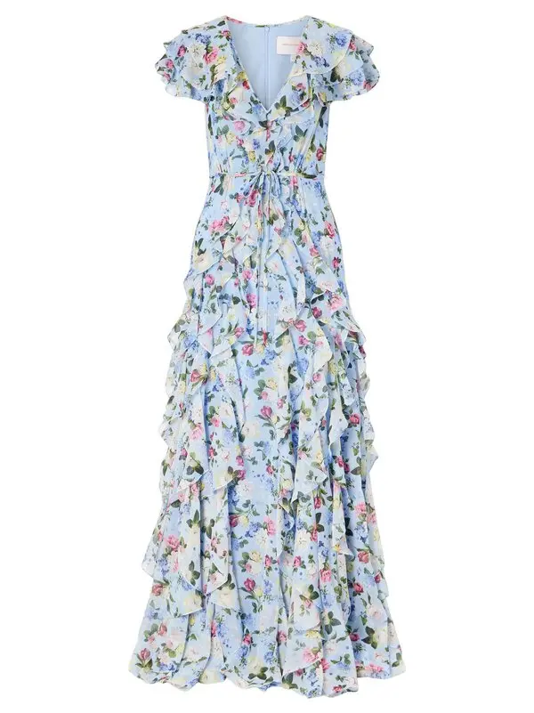 Carolina Herrera Ruffled Floral-printed Silk Chiffon Gown - Blue