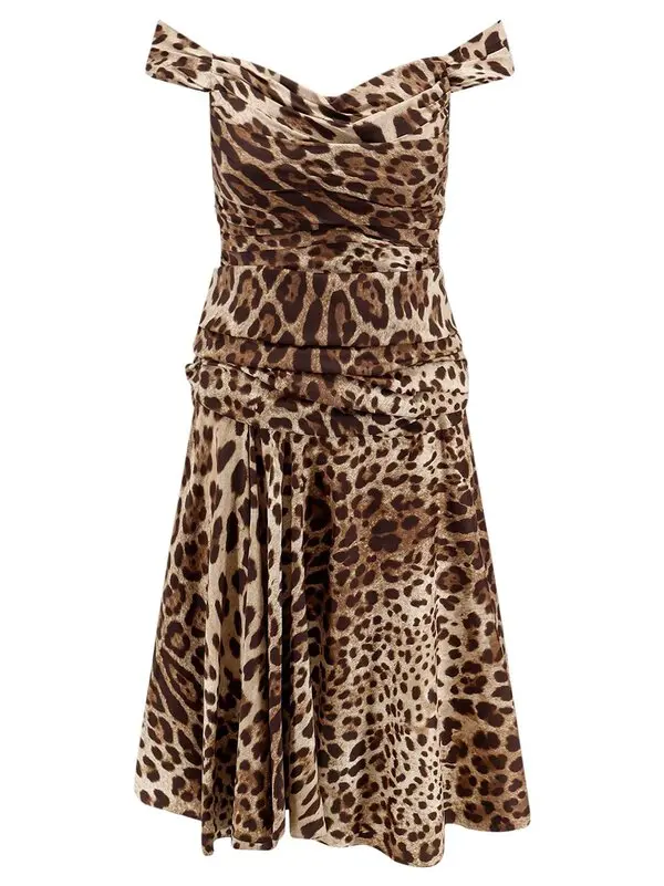 Dolce & Gabbana Leopard Print Silk Blend Off-the-shoulder Draped Midi Dress - Animal Print