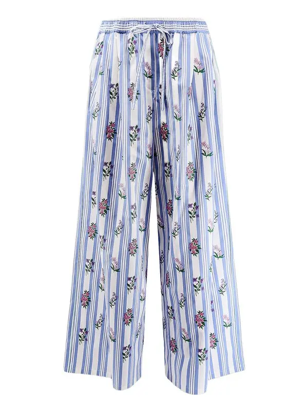 Dolce & Gabbana Multicolor Floral Embroidered Striped Poplin Pants - Blue
