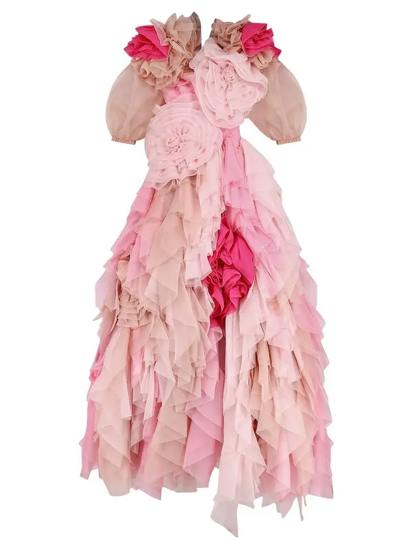 Dolce & Gabbana Maxi Chiffon Dress With Bustier Detail And Puff Sleeves - Pink