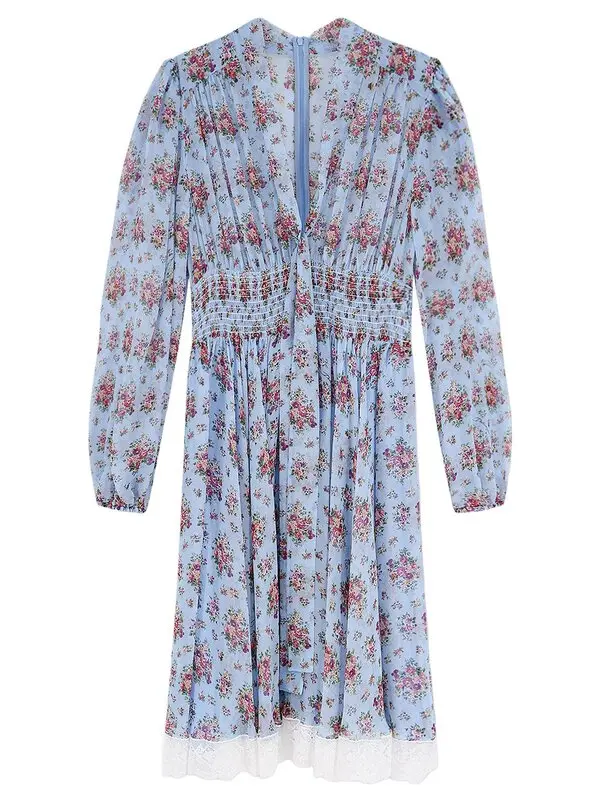 Dolce & Gabbana Long Sleeve Floral Print Chiffon Maxi Dress With Lace Trim - Blue
