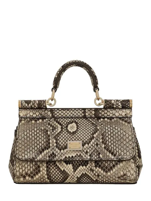 Dolce & Gabbana Sicily Shiny Python Mini Handbag - Beige