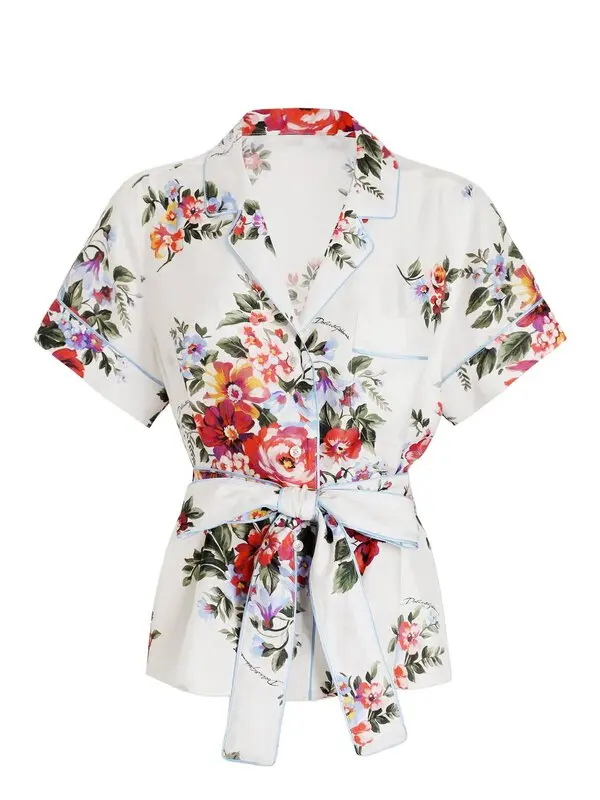 Dolce & Gabbana Floral Print Silk Belted Shirt - White