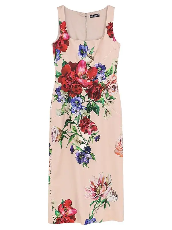 Dolce & Gabbana Floral Print Satin Longuette Dress - Beige