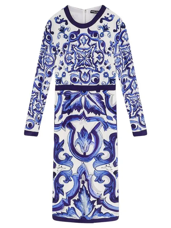 Dolce & Gabbana Silk Blend Maiolica Print Midi Dress - Blue