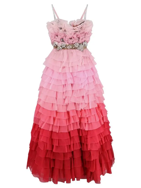 Dolce & Gabbana Flounced Chiffon Long Dress With Rhinestone Embellishments - Pink