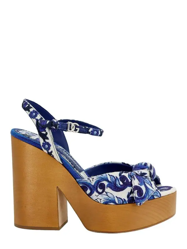 Dolce & Gabbana Canvas Maolica Print Platform Wedge Sandals - Blue