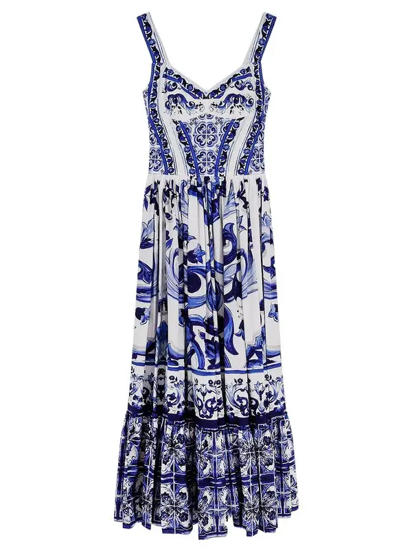 Dolce & Gabbana Cotton Maxi Dress With Maiolica Print - Blue